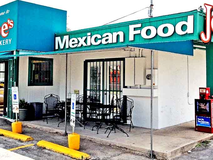 The turquoise-trimmed exterior of Joe's Bakery stands like a beacon of culinary promise on East 7th Street, beckoning hungry Austinites with its no-frills charm.