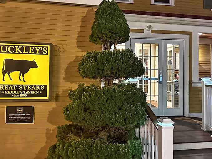 The bright yellow sign against the colonial-style building is like a beacon for carnivores—New Hampshire's answer to the North Star for meat lovers.