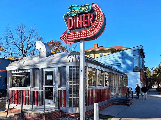 Fall in New England meets Americana at its finest. The diner's curved roof and distinctive red accents create the perfect backdrop for autumn strolls and pre-breakfast anticipation.