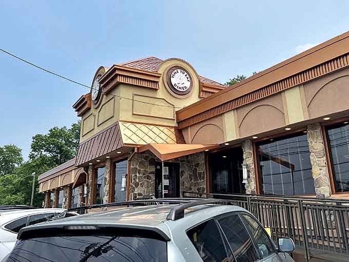The classic stone and stucco exterior of Time to Eat Diner stands proudly on Route 22, like a beacon of comfort food calling weary travelers home.