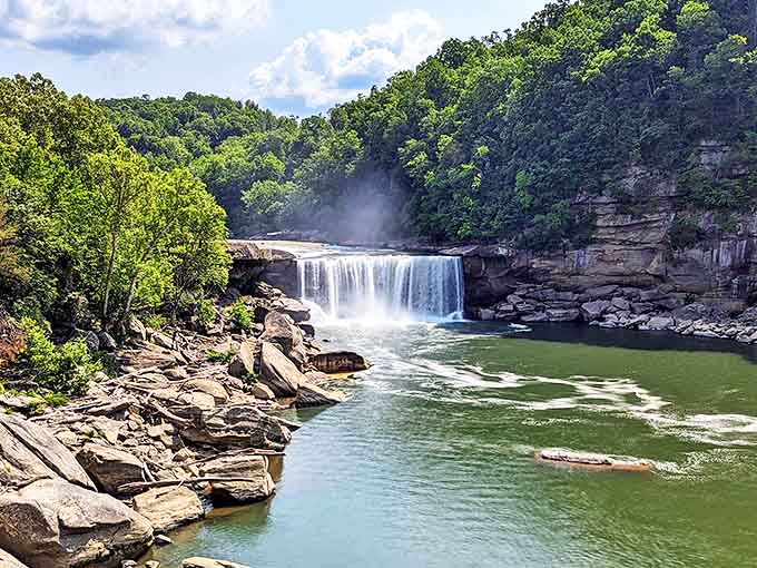 Nature's own masterpiece &ndash; Cumberland Falls cascades 68 feet across ancient sandstone, creating a misty spectacle that's earned its "Niagara of the South" nickname.