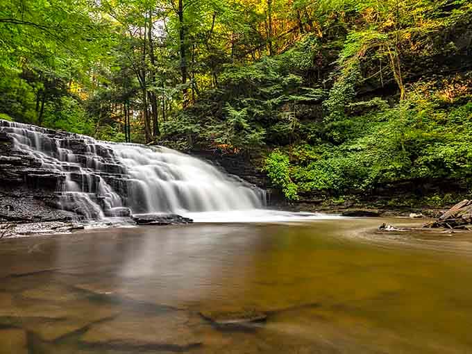 Nature's own tiered wedding cake, this cascading waterfall transforms sunlight into diamonds as it tumbles over ancient Pennsylvania stone.