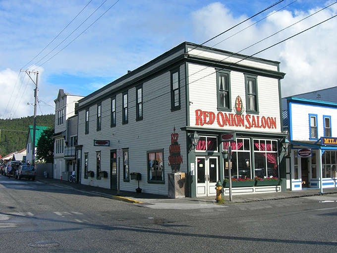 The iconic Red Onion Saloon stands as a colorful testament to Skagway's gold rush past, where history and hospitality still mingle on every corner.