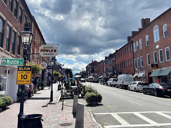 Historic Middle Street in Newburyport showcases the town's preserved Federal-style architecture beneath dramatic skies, creating that perfect "pinch-me" atmosphere.