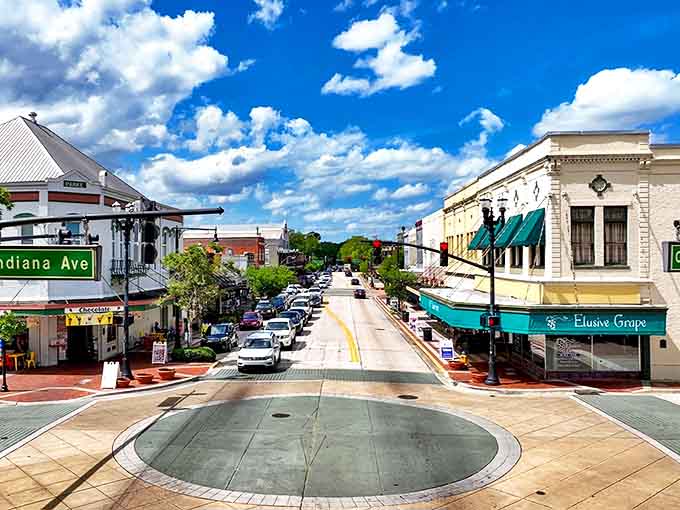 Blue skies frame DeLand's picture-perfect downtown, where The Elusive Grape beckons from the corner and every storefront tells a different story.