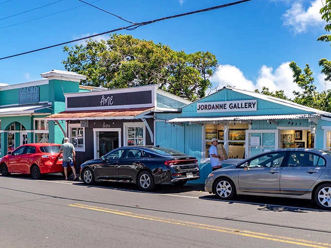 Art thrives in Makawao's colorful storefronts, where galleries like Jordanne Gallery offer visitors a taste of Maui's vibrant creative community.