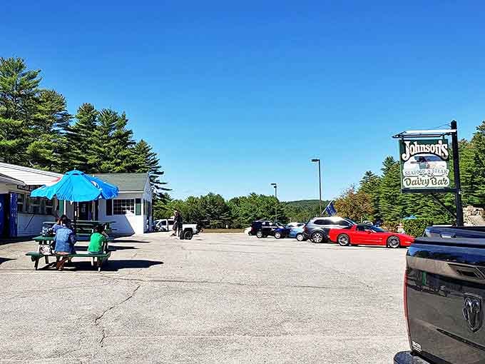 Summer in New Hampshire means outdoor dining at Johnson's, where the picnic tables and umbrella offer respite after a day on the lakes.