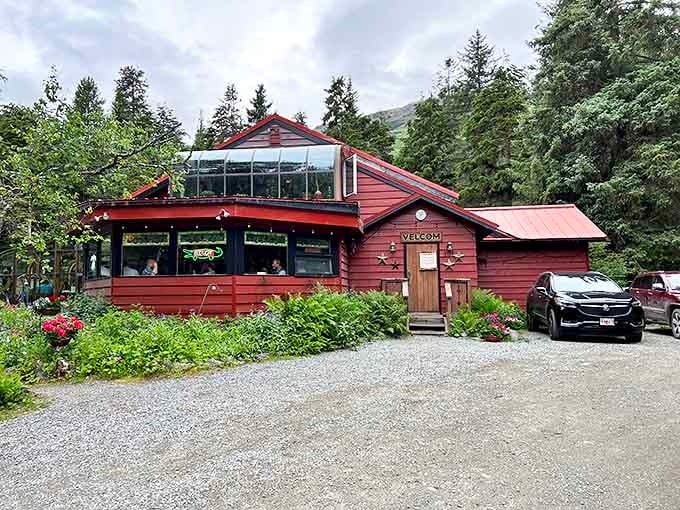 The "WELCOM" sign might be missing an 'E', but nothing's missing from the experience inside this charming woodland retreat where Cajun flavors found their Alaskan soulmate.