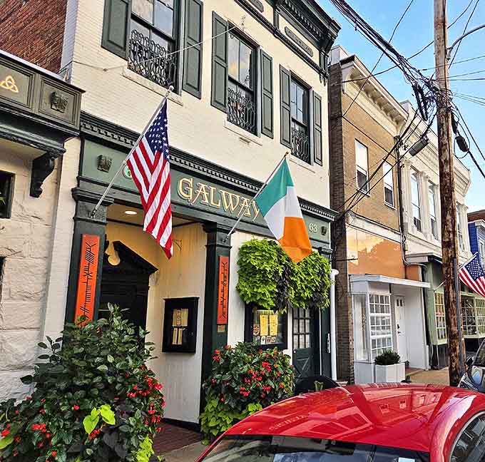 The perfect Irish-American handshake: American and Irish flags greet you at Galway Bay's charming historic facade in downtown Annapolis.