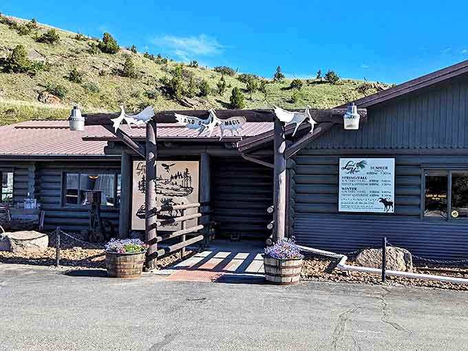 Blue skies, wooden barrels bursting with purple flowers, and a log cabin exterior &ndash; Montana's version of a welcome mat for prime rib pilgrims.