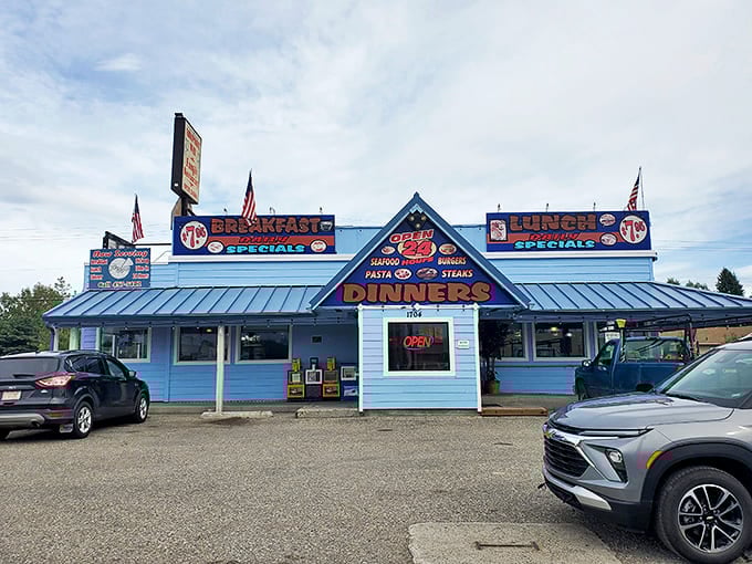 Morning light bathes the restaurant's cheerful blue facade, where hungry Fairbanksans have been starting their days for generations.