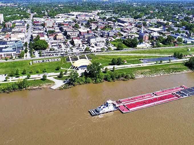 New Albany's revitalized riverfront showcases the city's commitment to green space, with historic downtown buildings visible beyond the Ohio River.