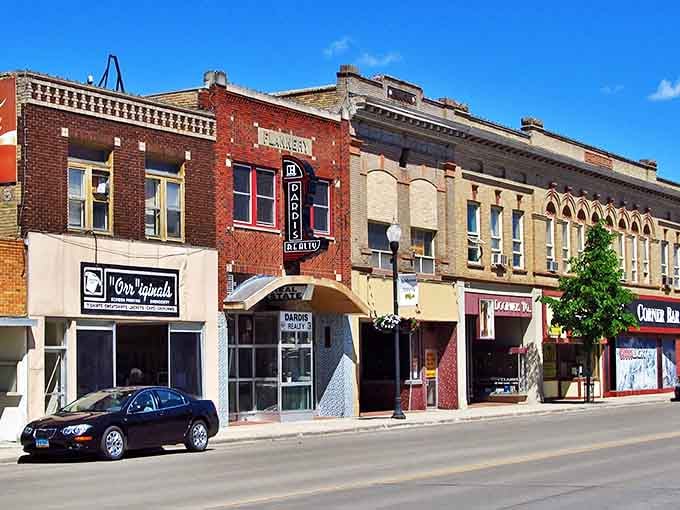 Downtown Jamestown's historic brick buildings stand like friendly sentinels of a bygone era, their warm facades glowing in the afternoon sun.