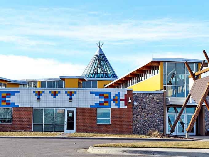 The Sisseton Wahpeton College blends traditional Native American design with modern architecture, its colorful facade and distinctive teepee structure honoring Dakota heritage while embracing the future.