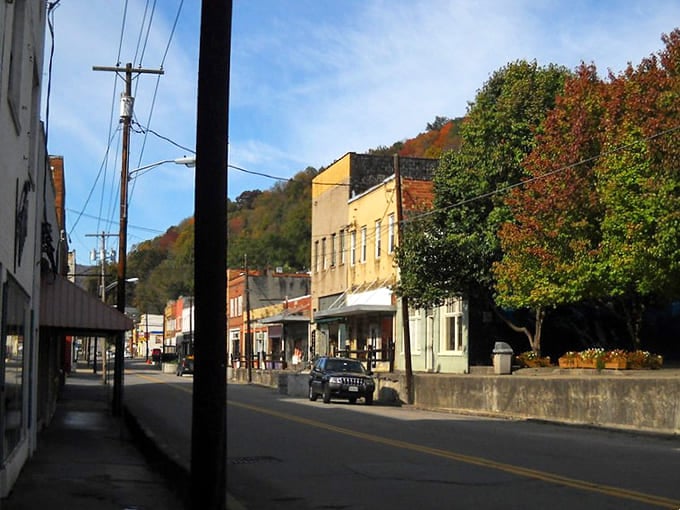 Main Street magic! Marlinton's colorful storefronts backed by autumn-kissed mountains create that perfect small-town tableau where time seems wonderfully negotiable.