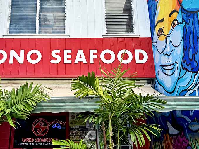 A colorful mural adorns the side of Ono Seafood, celebrating Hawaii's love affair with poke in a splash of artistic exuberance.