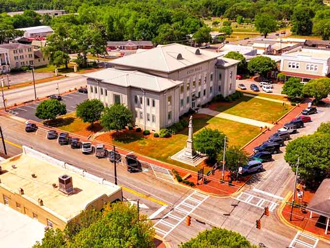 The stately Houston County Courthouse stands as Perry's crown jewel, where small-town charm meets architectural grandeur in this aerial view of downtown.
