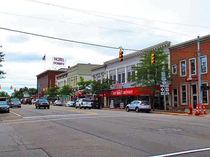 Downtown Clare welcomes you with its historic charm and iconic Hotel Doherty sign – small-town America that's both timeless and surprisingly affordable.