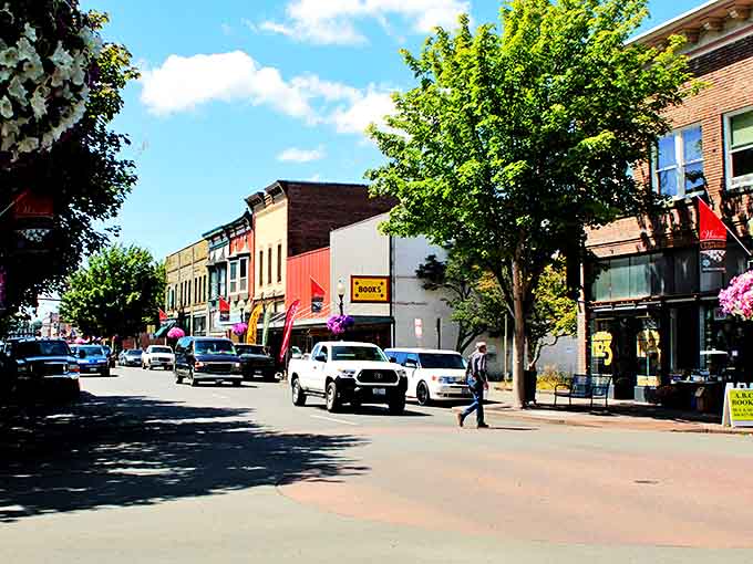 Sunlight bathes Centralia's main thoroughfare, where locally-owned shops and restaurants invite visitors to explore at a leisurely pace.