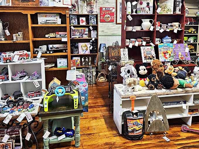 Toy cars, stuffed animals, and nostalgic memorabilia create a time-traveling playground where adults can reconnect with their inner child while hunting for that perfect conversation piece.