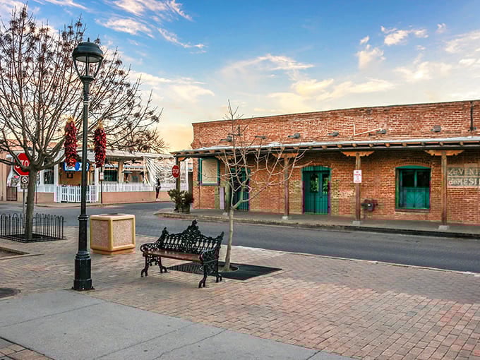 Mesilla's brick and adobe buildings frame the historic plaza, where traditional red chile ristras hang and wrought-iron benches invite leisurely paseos.