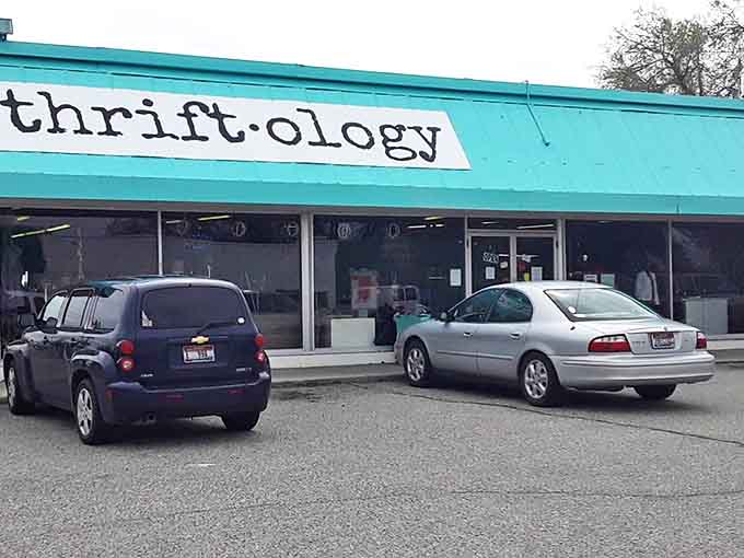 The turquoise storefront beckons like a portal to bargain paradise. This unassuming exterior hides a wonderland of treasures within.