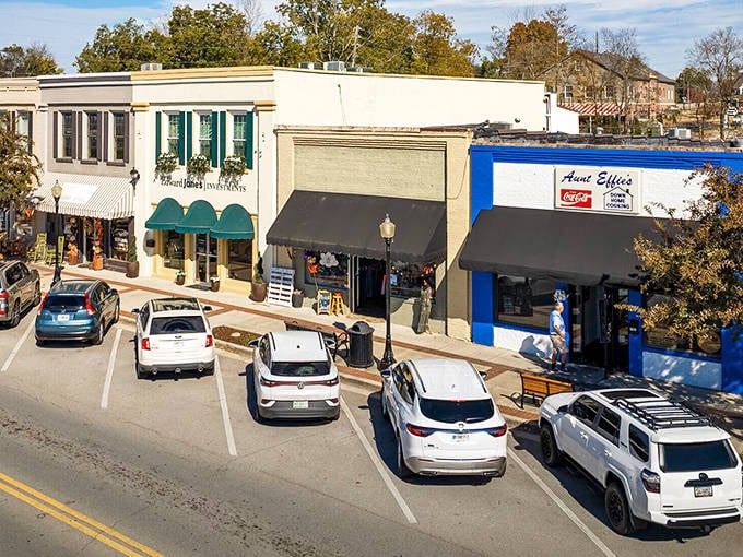 Aunt Ellie's bright blue storefront stands as a beacon of small-town charm among Ringgold's well-preserved downtown buildings, where shopping feels like visiting old friends.