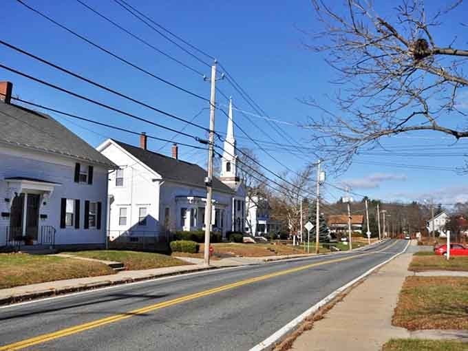 Main Street Harrisville captures that quintessential New England charm &ndash; white church steeple, historic homes, and not a parking meter in sight.