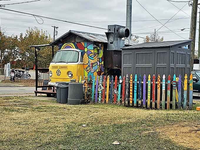 A rainbow fence surrounds the beloved hot dog haven, adding to the quirky charm that makes this East Nashville institution special.