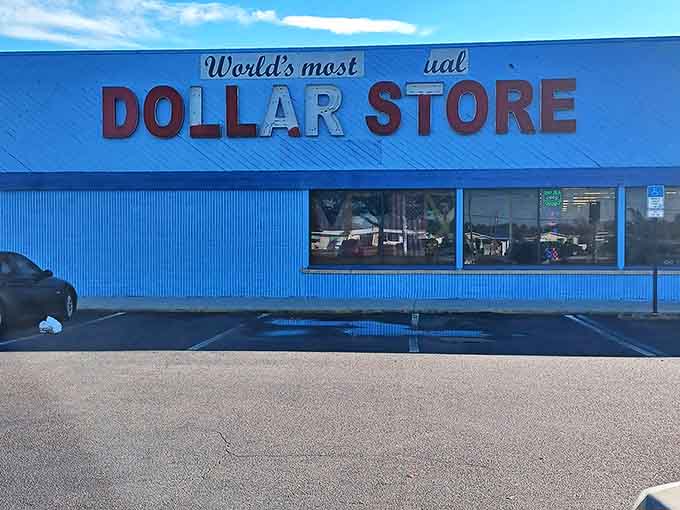 The bright blue facade with bold red lettering isn't just a storefront&mdash;it's a declaration that normal shopping rules don't apply here.