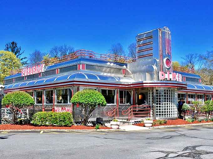 The gleaming stainless steel exterior of Eveready Diner shines like a beacon of hope for hungry travelers. Classic Americana at its finest.