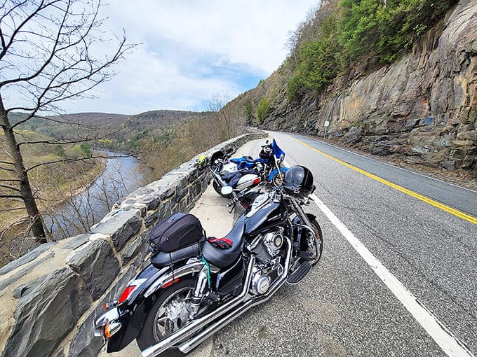 Motorcycles pause at Hawk's Nest, where dramatic cliffs meet the Delaware River&mdash;a perfect pit stop for two-wheeled therapy seekers.