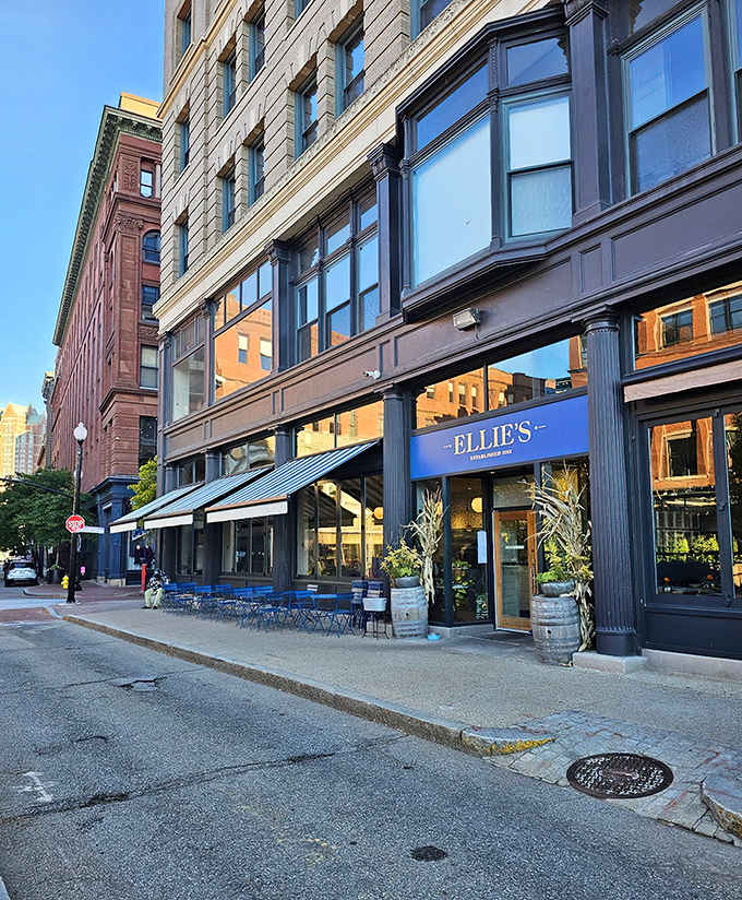 Ellie's vibrant blue awning stands out like a culinary beacon on Westminster Street, promising European caf&eacute; charm in the heart of downtown Providence.