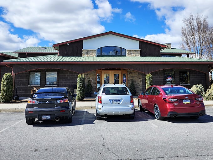 The stone and timber exterior of Traditions welcomes you like an old friend, promising comfort food treasures within its rustic walls.