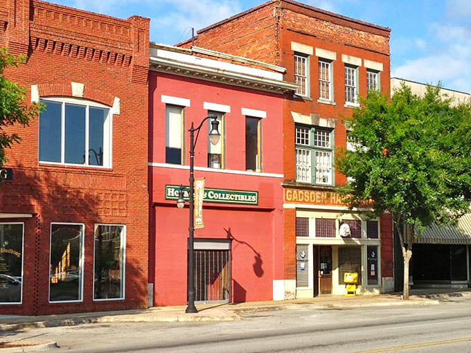The vibrant colors of downtown Gadsden's historic buildings pop against the blue Alabama sky, proving that sometimes the most Instagram-worthy backdrops aren't in trendy neighborhoods but in America's heartland.