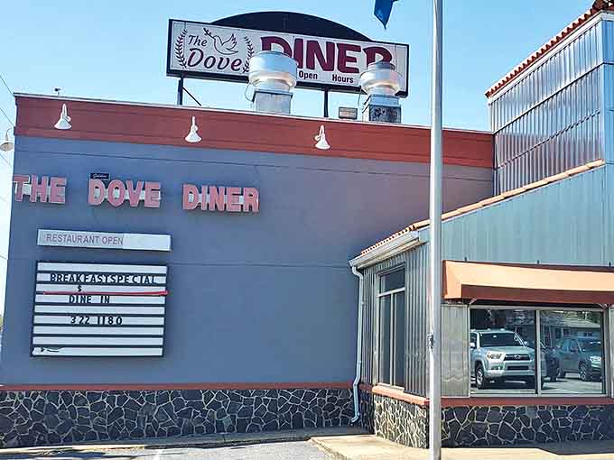 The Dove Diner's blue and red exterior stands like a beacon of breakfast hope on Dupont Highway. Classic American diner architecture with a promise of comfort inside.