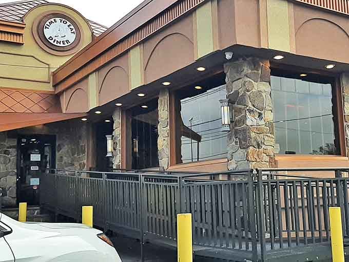 The classic stone and stucco exterior of Time to Eat Diner stands proudly on Route 22, like a beacon of comfort food calling weary travelers home.