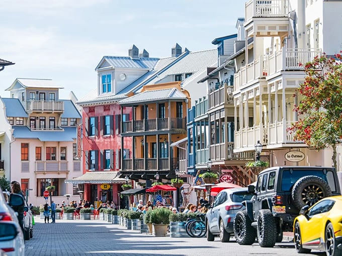 Colorful facades line Rosemary Beach's cobblestone streets, creating a European village vibe that makes you forget you're in Florida's Panhandle.