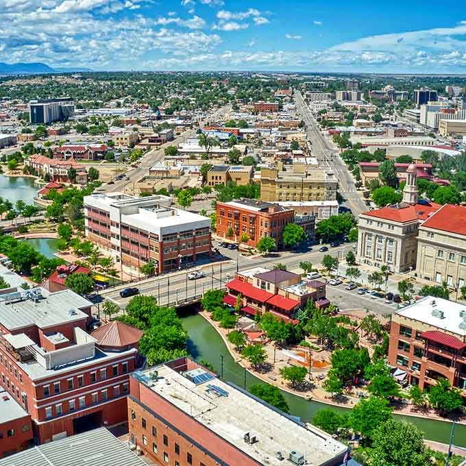 From this bird's-eye view, Pueblo's downtown and riverwalk create an urban oasis that makes you wonder why more people haven't discovered this gem.