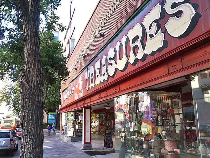 The iconic red storefront beckons treasure hunters like a beacon. That bold signage promises adventures in antiquing that Vegas casinos can only dream about.