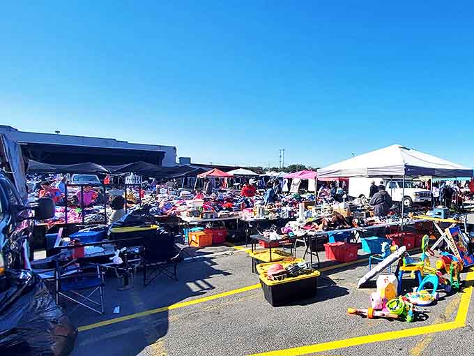 A colorful maze of vendor booths stretches across the parking lot, where toys, household items, and vintage treasures await discovery.