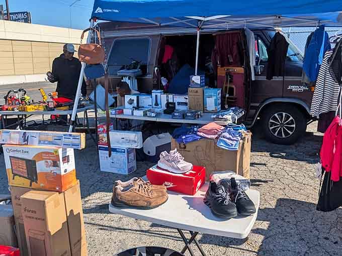 Retail archaeology in action. From shoes to small appliances, this vendor's mobile showroom proves one shopper's castoff is another's perfect find.