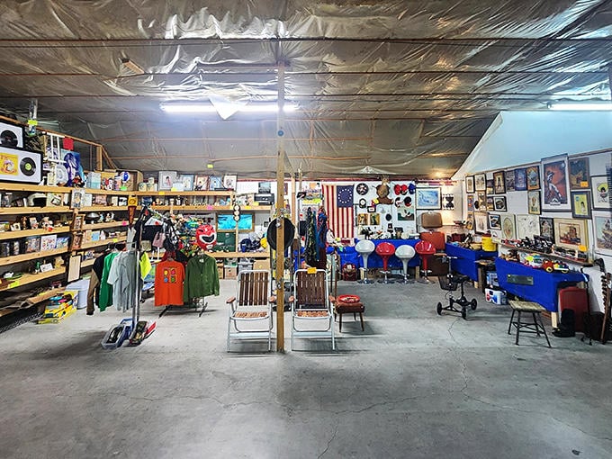 Where Americana meets bargain hunting under fluorescent lights. Lawn chairs invite you to rest while contemplating whether that vintage sign would look perfect in your garage.
