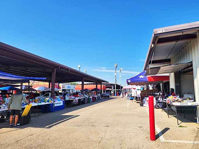 The covered walkways of Traders Village stretch toward the horizon like a bargain hunter's yellow brick road. Shopping paradise awaits under those metal roofs!