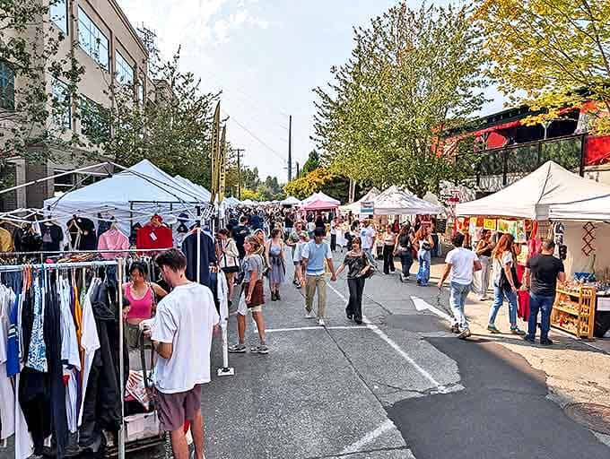 Sun-dappled market day in Fremont brings out crowds in summer attire. The street becomes a runway of vintage finds and fresh discoveries as Seattle shows its stylish side.
