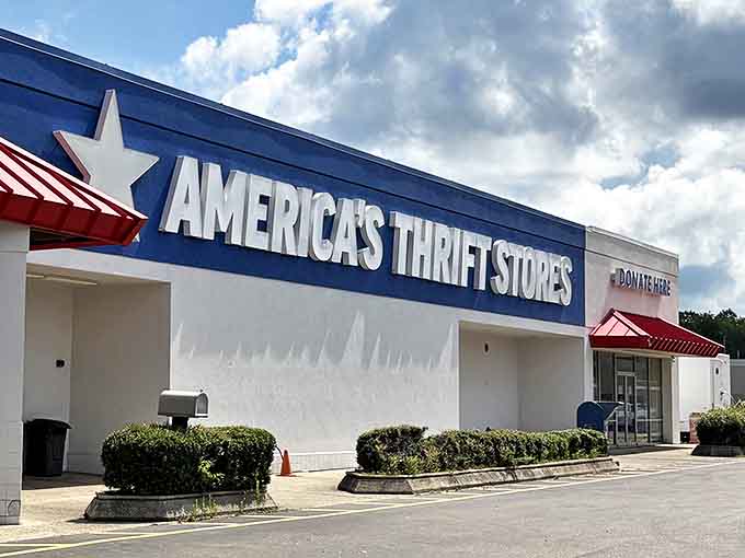 The clean, welcoming exterior features America's signature blue and white color scheme, inviting shoppers to discover hidden gems inside.