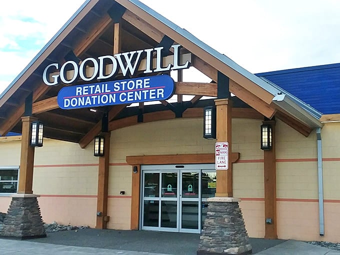 Blue skies and blue signage &ndash; nature's perfect color coordination. This welcoming facade promises treasures inside that won't freeze your wallet.