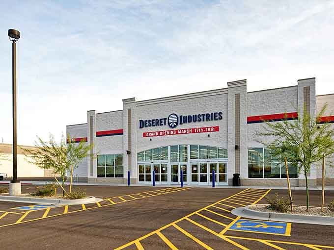 The impressive exterior of Deseret Industries in Arizona welcomes thrift hunters with its clean, spacious design and ample parking.