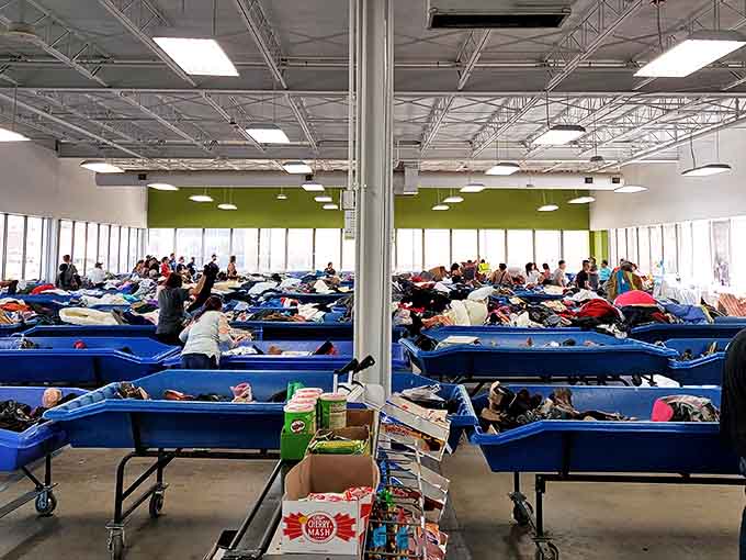 Welcome to bargain hunter nirvana&mdash;rows of blue bins, rustling fabrics, and the sweet thrill of discovery worthy of a feel-good road trip montage.