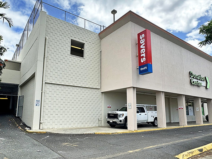 The unassuming exterior of Savers in Honolulu houses a wonderland of bargains, complete with a donation center for completing the thrift cycle.